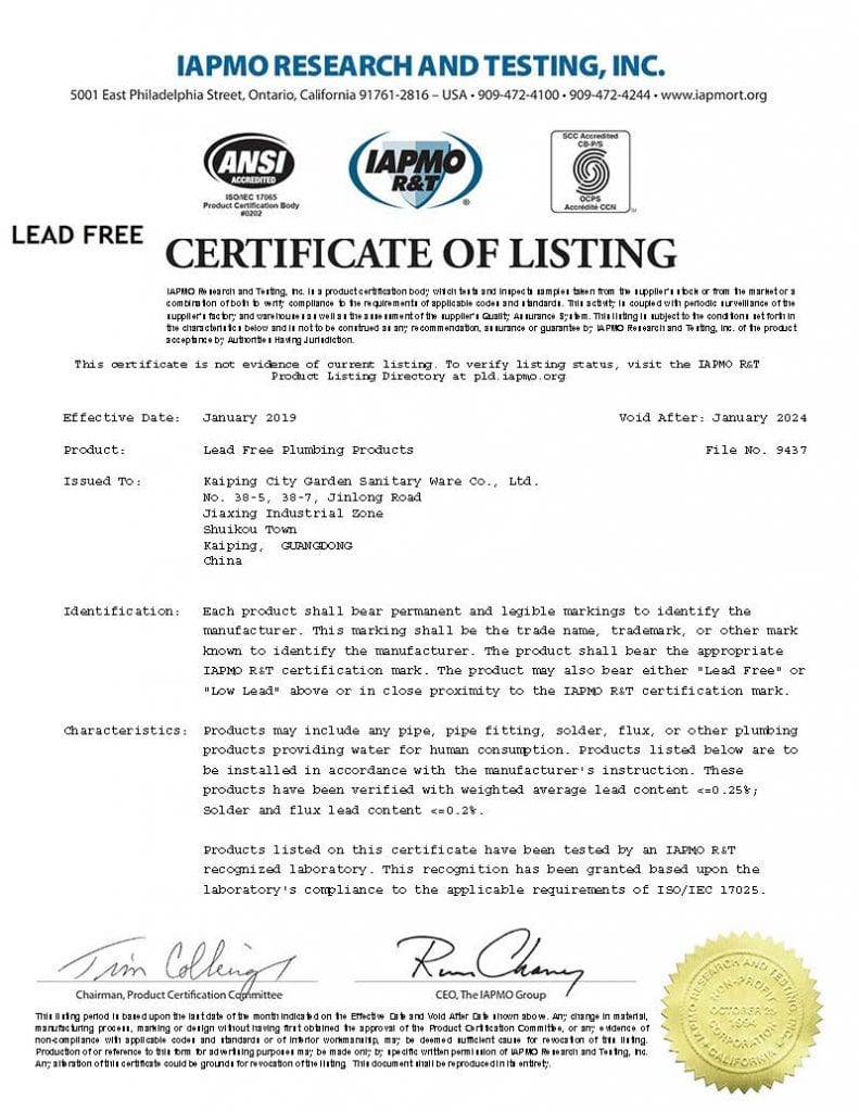 cUPC Certificate – VIGA Faucet Manufacturer